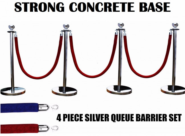 4 X SILVER QUEUE BARRIER POSTS STANDS SECURITY STANCHION ROPE DIVIDER ...
